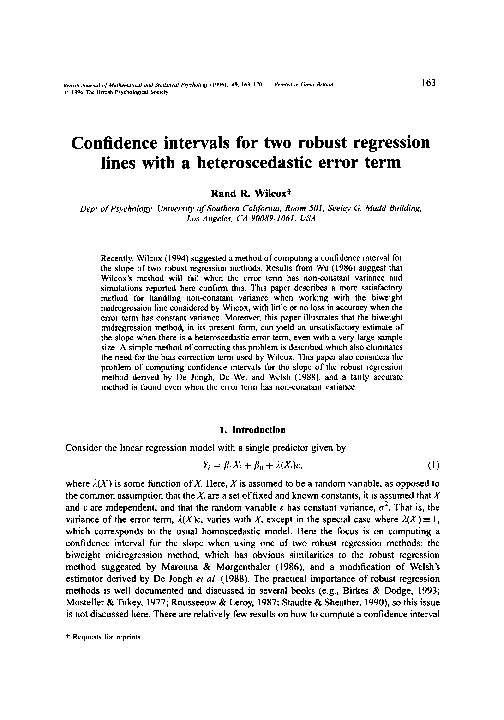 Pdf Confidence Intervals For Two Robust Regression Lines With A Heteroscedastic Error Term