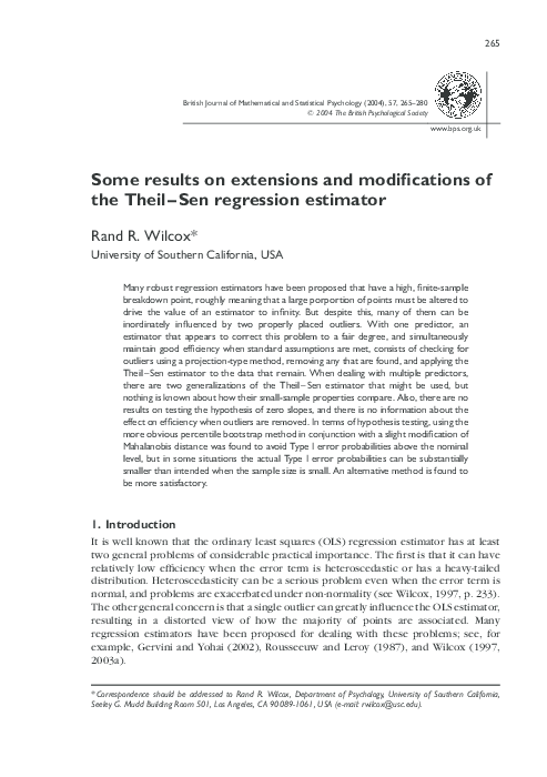 (PDF) Some results on extensions and modifications of the Theil - Sen regression estimator