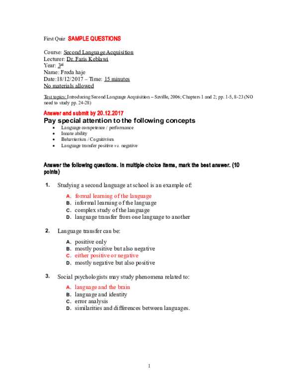 (DOC) First Quiz SAMPLE QUESTIONS