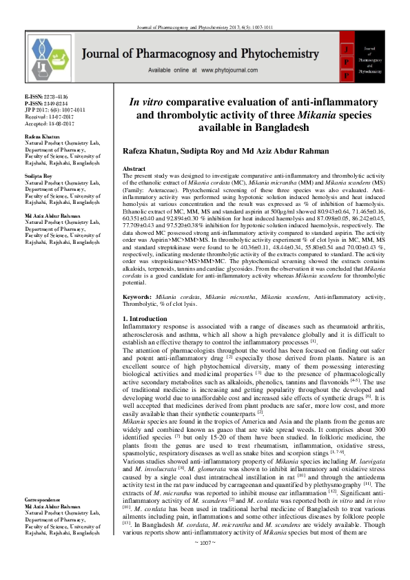 (PDF) In vitro comparative evaluation of anti-inflammatory and thrombolytic activity of three ...