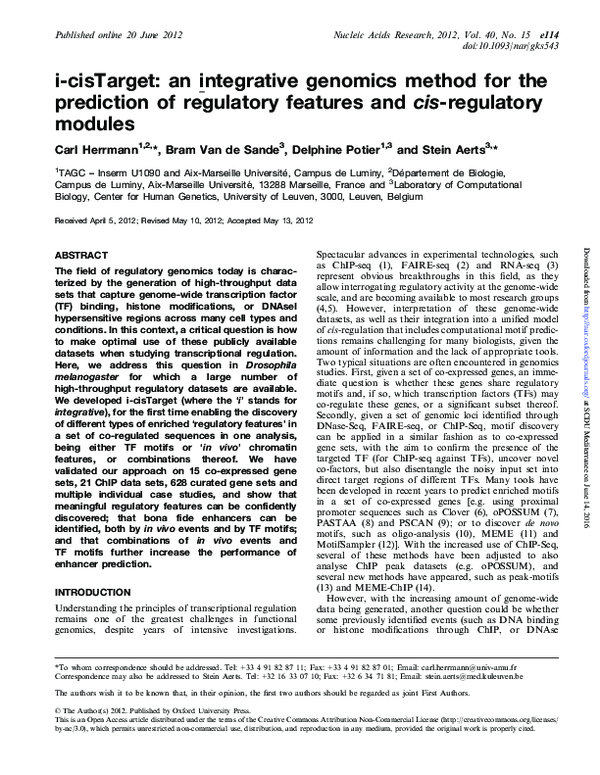 Pdf I Cistarget An Integrative Genomics Method For The Prediction Of Regulatory Features And