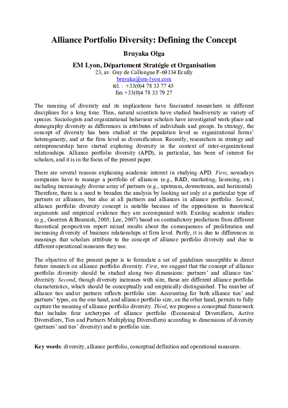 (PDF) Alliance Portfolio Diversity: Defining the Concept