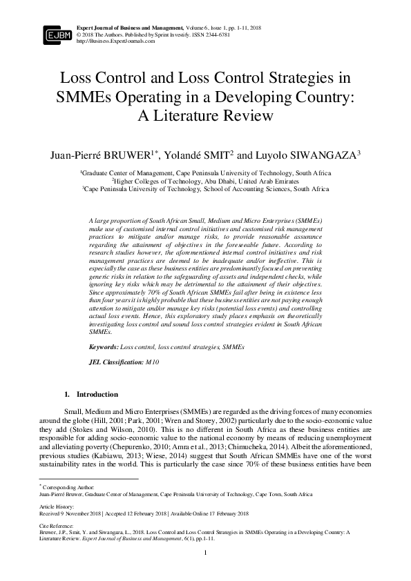 (PDF) Loss Control and Loss Control Strategies in SMMEs Operating in a ...