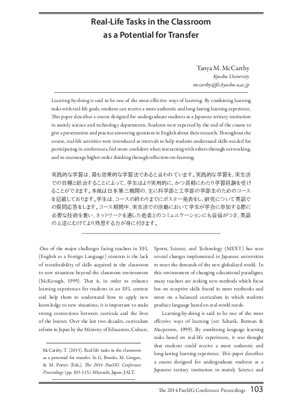 (PDF) Real-Life Tasks in the Classroom as a Potential for Transfer