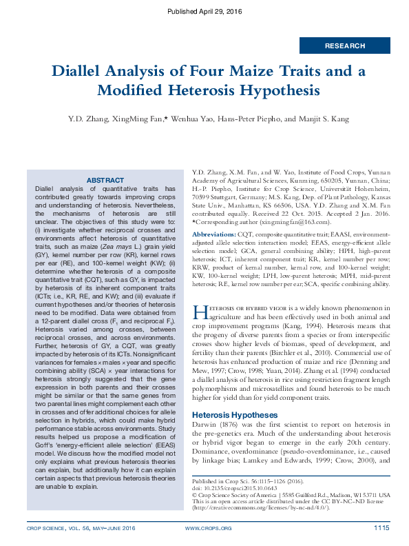 (PDF) Diallel Analysis of Four Maize Traits and a Modified Heterosis ...