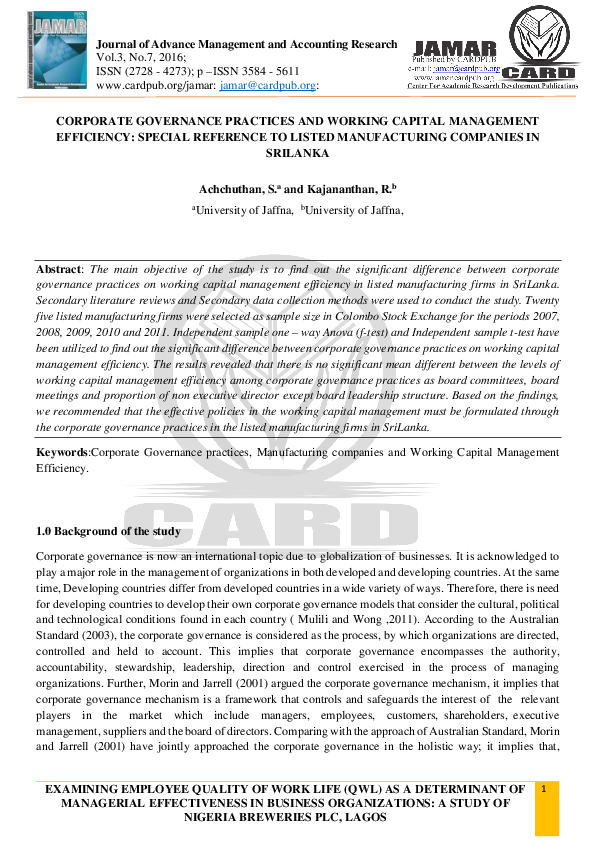 (PDF) CORPORATE GOVERNANCE PRACTICES AND WORKING CAPITAL MANAGEMENT EFFICIENCY: SPECIAL ...