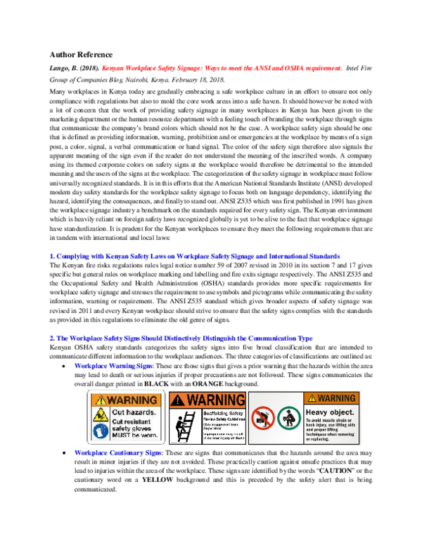 Kenyan Workplace Safety Signage: Ways to meet the ANSI and OSHA requirement
