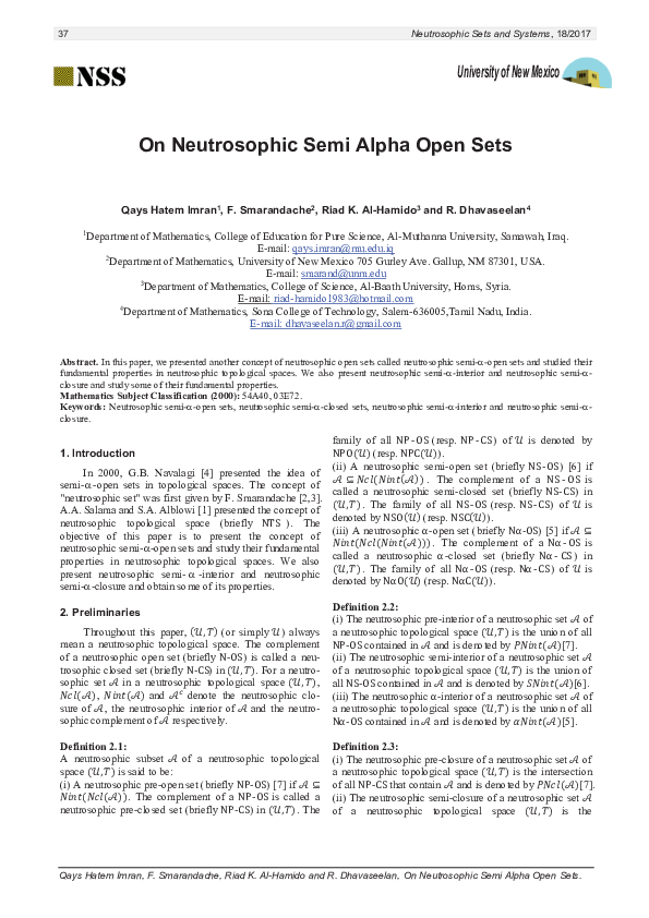 (PDF) On Neutrosophic Semi Alpha Open Sets | Qays Hatem Imran and Florentin Smarandache ...