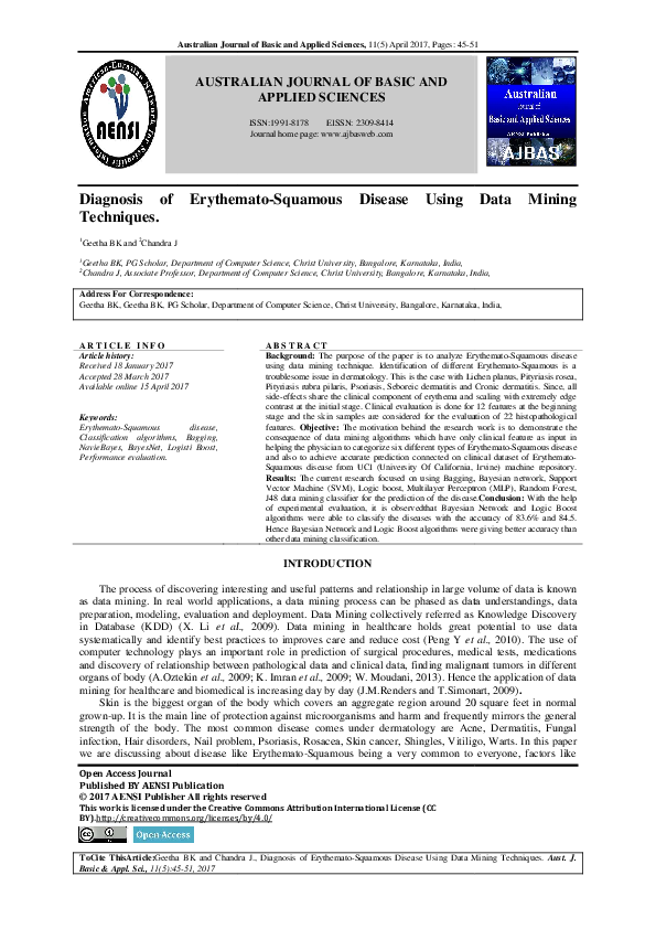 (PDF) Diagnosis of Erythemato-Squamous Disease Using Data Mining ...