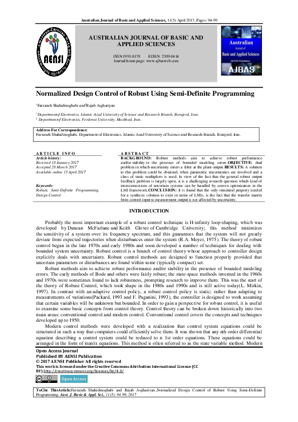 (PDF) Normalized Design Control of Robust Using Semi-Definite Programming