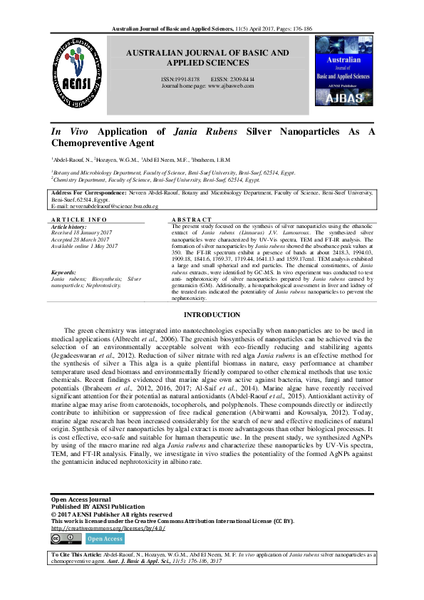 (PDF) In Vivo Application of Jania Rubens Silver Nanoparticles As A Chemopreventive Agent