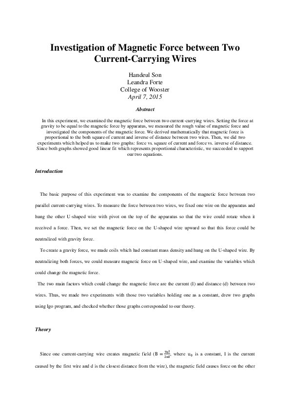 (DOC) Investigation of Magnetic Force between Two Current-Carrying Wires