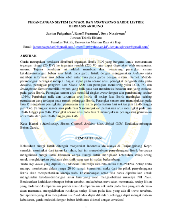 Pdf Perancangan Sistem Control Dan Monitoring Gardu Listrik Berbasis