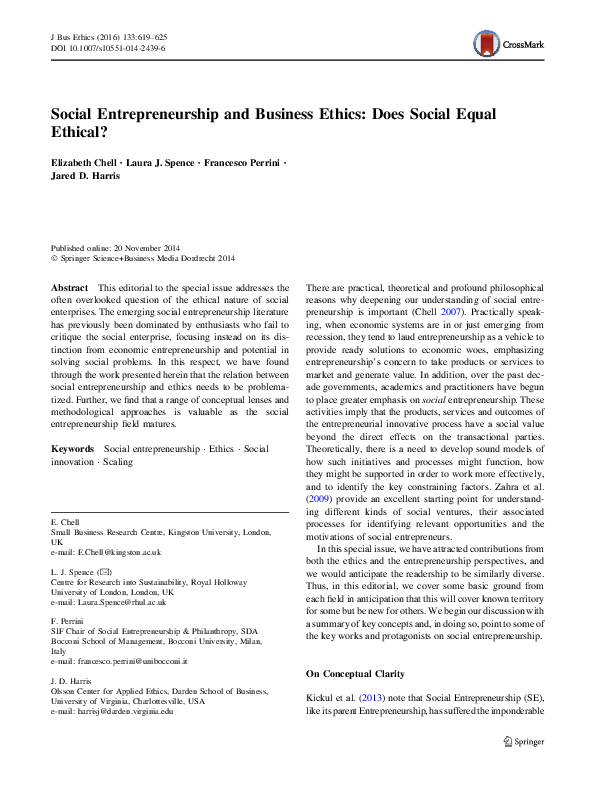 (PDF) Social Entrepreneurship and Business Ethics: Does Social Equal ...