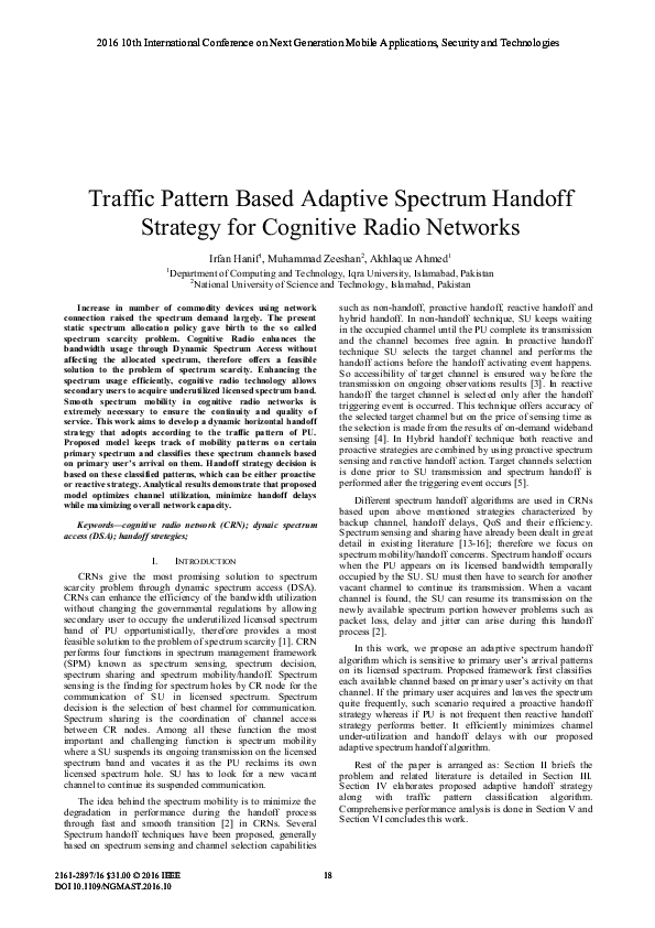 (PDF) Traffic Pattern Based Adaptive Spectrum Handoff Strategy for Cognitive Radio Networks