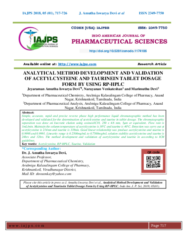 (PDF) ANALYTICAL METHOD DEVELOPMENT AND VALIDATION OF ACETYLCYSTEINE AND TAURINEIN TABLET DOSAGE ...
