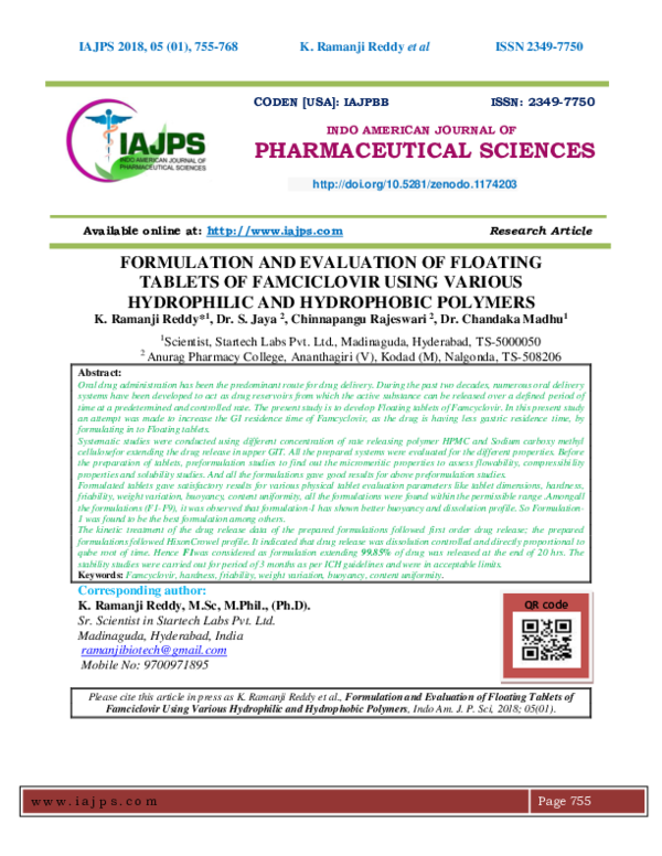 Pdf Formulation And Evaluation Of Floating Tablets Of Famciclovir Using Various Hydrophilic