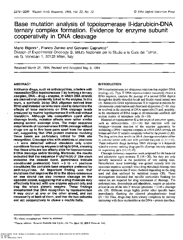 (PDF) Base mutation analysis of topoisomerase II-idarubicin-DNA ternary complex formation ...