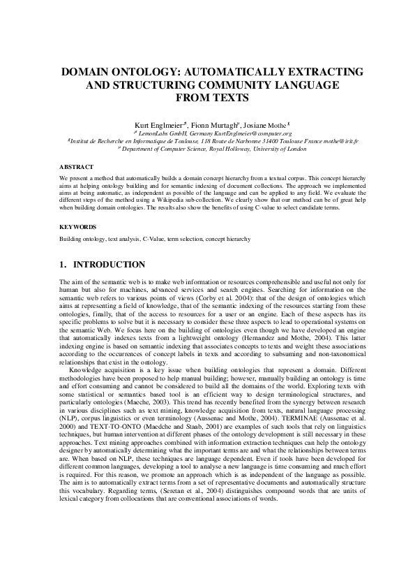 Pdf Domain Ontology Automatically Extracting And Structuring Community Language From Texts