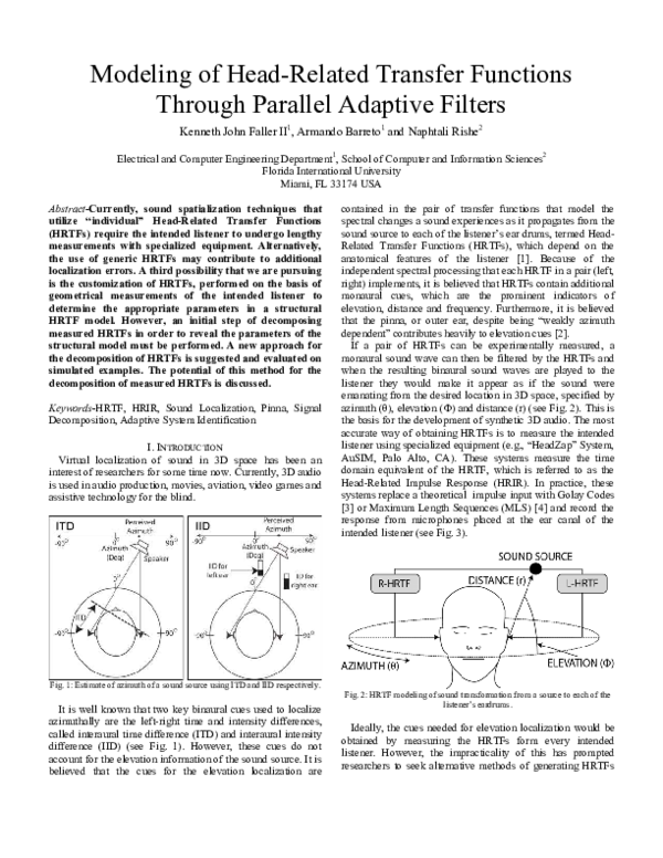 Pdf Modeling Of Head Related Transfer Functions Through Parallel Adaptive Filters