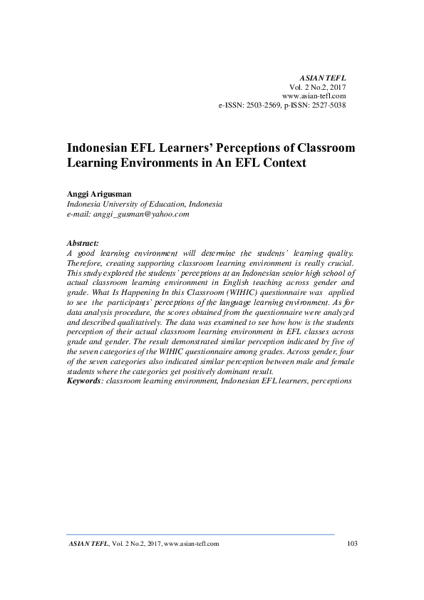 Pdf Indonesian Efl Learners Perceptions Of Classroom Learning Environments In An Efl Context
