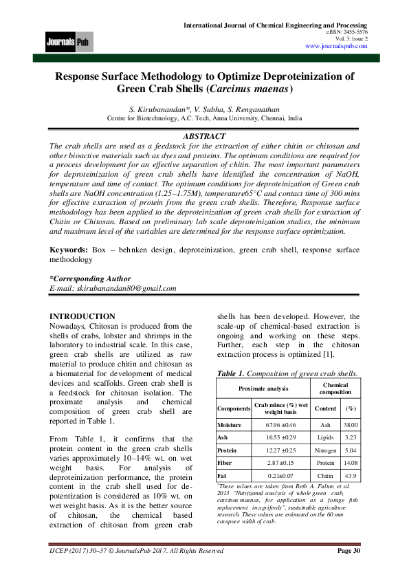(PDF) Response Surface Methodology to Optimize Deproteinization of Green Crab Shells (Carcinus ...