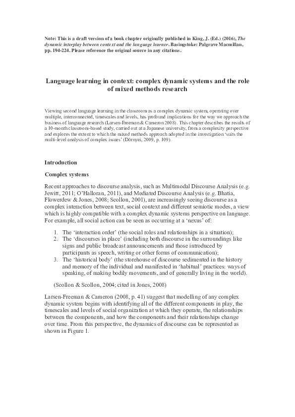 (PDF) Language learning in context: complex dynamic systems and the ...