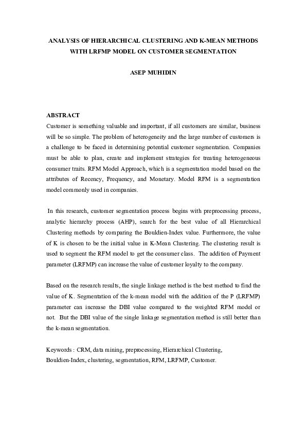 Pdf Analysis Of Hierarchical Clustering And K Mean Methods With Lrfmp Model On Customer