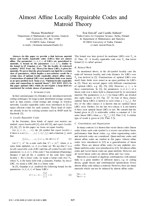 (PDF) Almost Affine Locally Repairable Codes and Matroid Theory