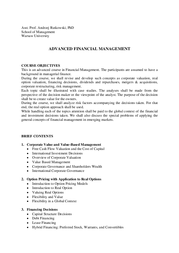 (PDF) Advance finance management