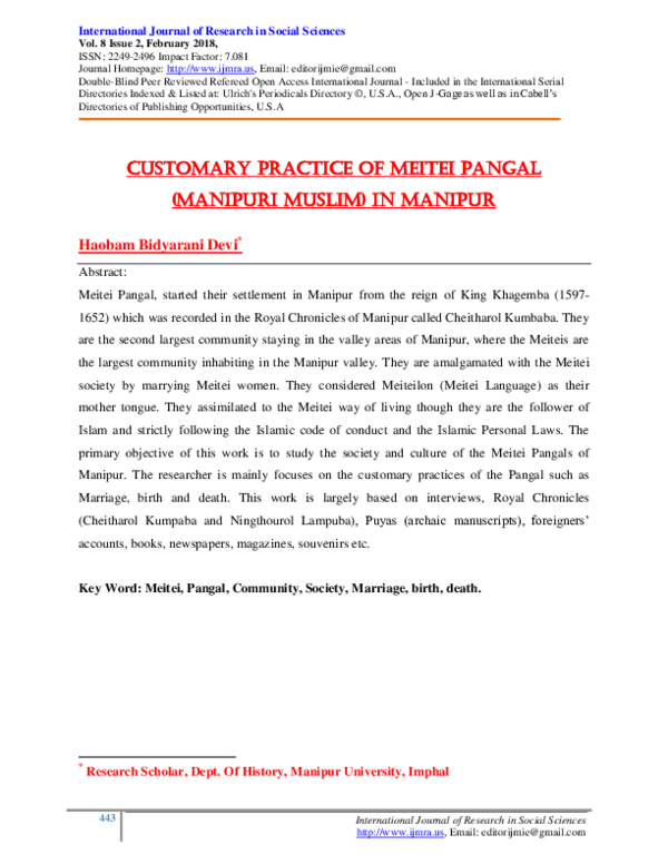 (PDF) Customary practice of Meitei Pangal (Manipuri Muslim) in Manipur