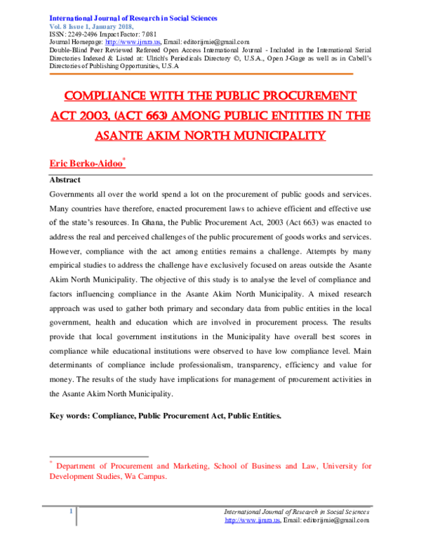 (PDF) Compliance with the Public Procurement Act 2003, (Act 663) Among Public Entities in the ...