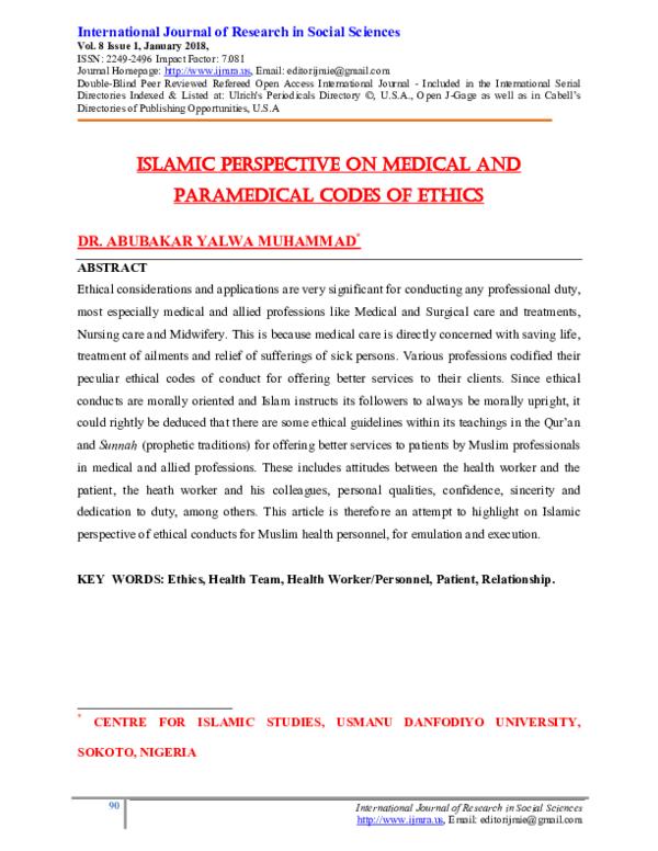 (PDF) ISLAMIC PERSPECTIVE ON MEDICAL AND PARAMEDICAL CODES OF ETHICS