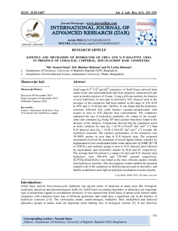 (PDF) KINETICS AND MECHANISM OF HYDROLYSIS OF UREA AND N, N′-DIACETYL ...