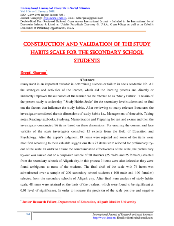 (PDF) Construction and Validation of The Study Habits Scale For The ...