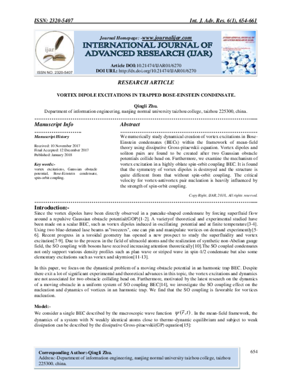 Pdf Vortex Dipole Excitations In Trapped Bose Einstein Condensate