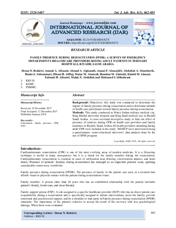 (PDF) FAMILY PRESENCE DURING RESUSCITATION (FPDR): A SURVEY OF EMERGENCY DEPARTMENT\'S ...