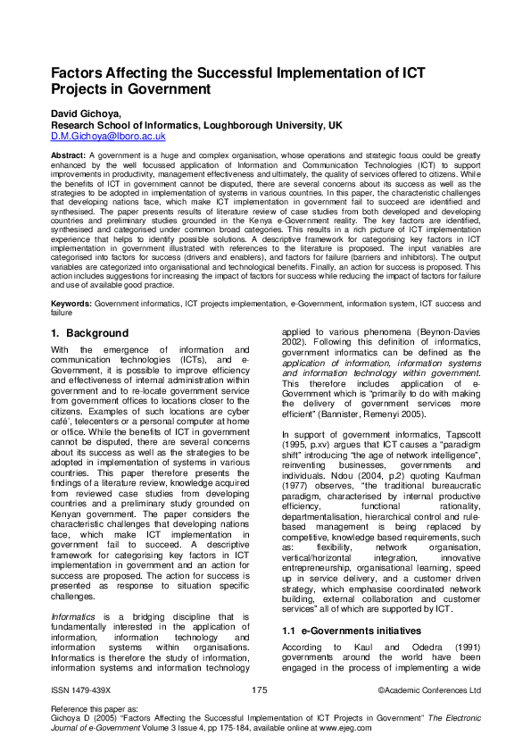 Pdf Factors Affecting The Successful Implementation Of Ict Projects In Government