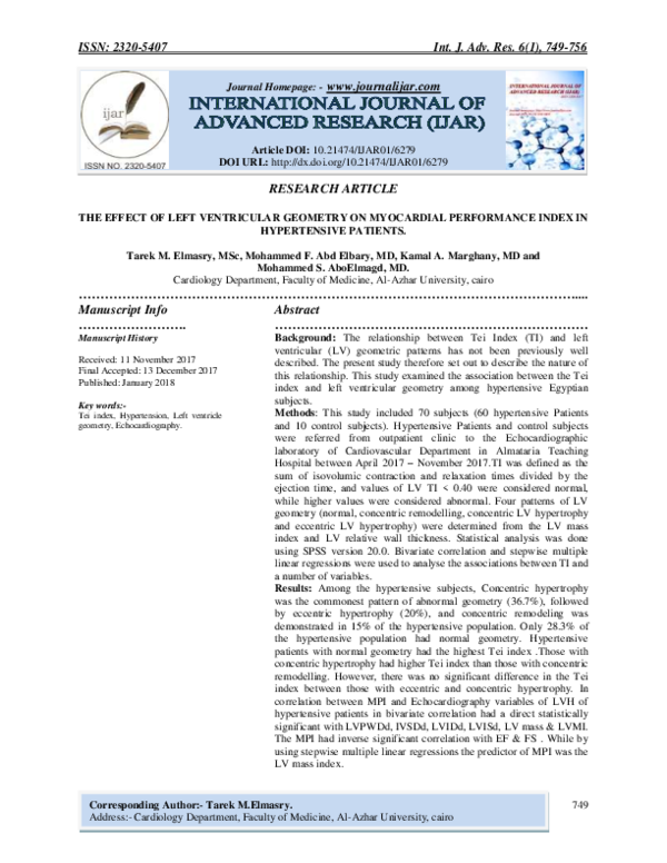 Pdf The Effect Of Left Ventricular Geometry On Myocardial Performance Index In Hypertensive
