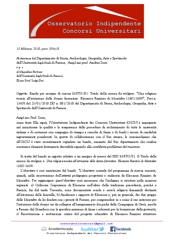 (PDF) Lettera OICU n. 1 Rettore UniFi e dir dip storia (SAGAS). Bando ...