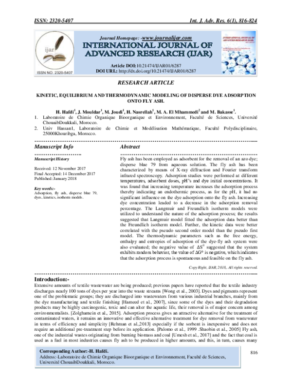 (PDF) KINETIC, EQUILIBRIUM AND THERMODYNAMIC MODELING OF DISPERSE DYE ... (PDF) KINETIC, EQUILIBRIUM AND THERMODYNAMIC MODELING OF DISPERSE DYE ...