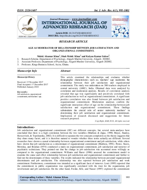 (PDF) AGE AS MODERATOR OF RELATIONSHIP BETWEEN JOB SATISFACTION AND ...