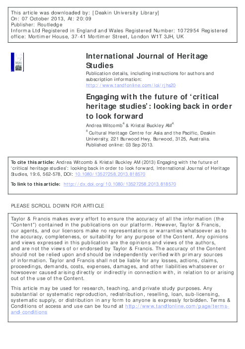 (PDF) Engaging with the future of ‘critical heritage studies’: looking ...