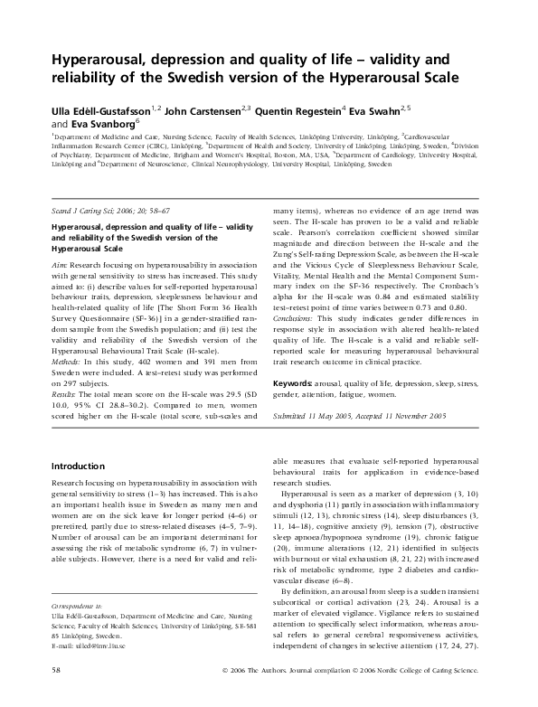 (PDF) Hyperarousal, depression and quality of life - validity and ...