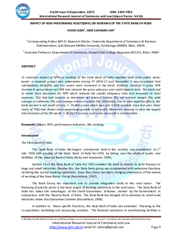 (PDF) IMPACT OF NON-PERFORMING ASSETS(NPA) ON WORKING OF THE STATE BANK ...