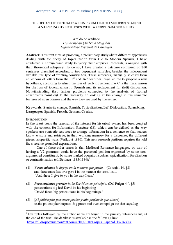 (PDF) The decay of topicalization from Old to Modern Spanish: analyzing hypotheses with a corpus ...