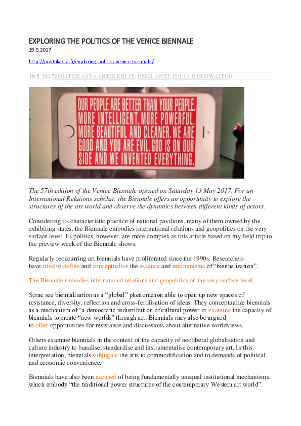 (PDF) Exploring the Politics of the Venice Biennale