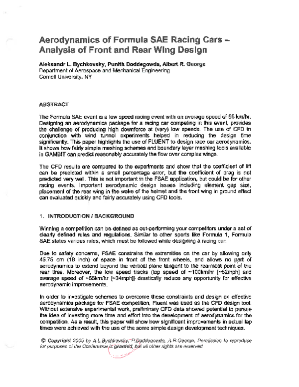 (PDF) Aerodynamics of Formula SAE Racing Cars - Analysis of Front and Rear Wing Design