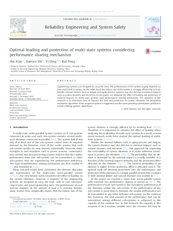 Pdf Optimal Loading And Protection Of Multi State Systems Considering Performance Sharing