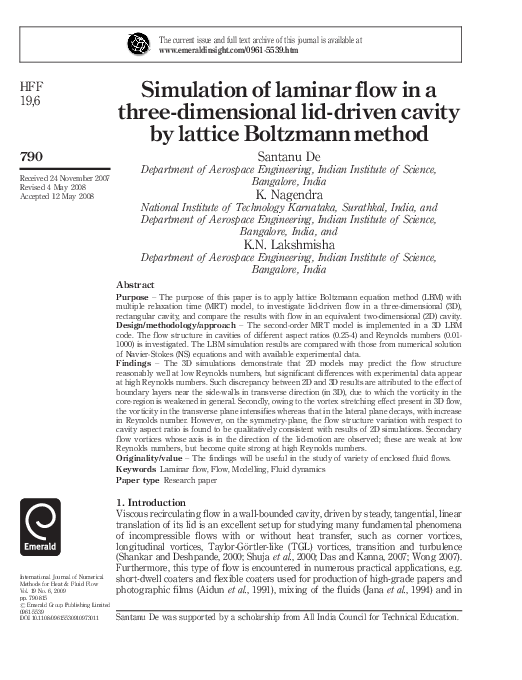 (PDF) Simulation of laminar flow in a three-dimensional lid-driven cavity by lattice Boltzmann ...